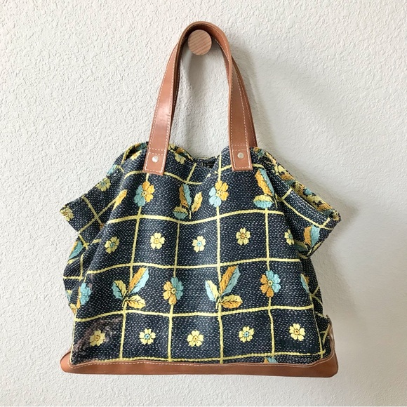 Sundance | Bags | Sundance Floral Woven Fabric And Leather Tote Bag ...